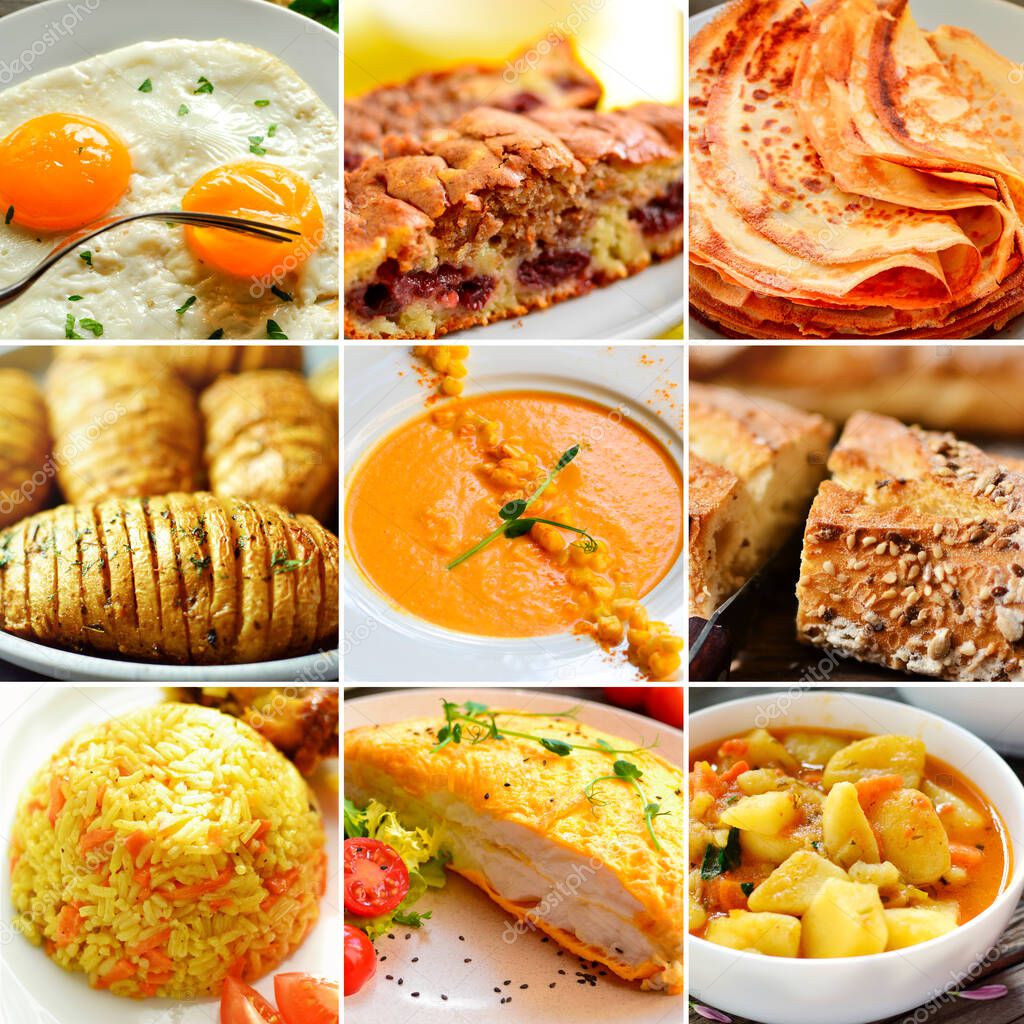 Collage de varios platos. Un menú variado. Comida sabrosa. Collage con ...