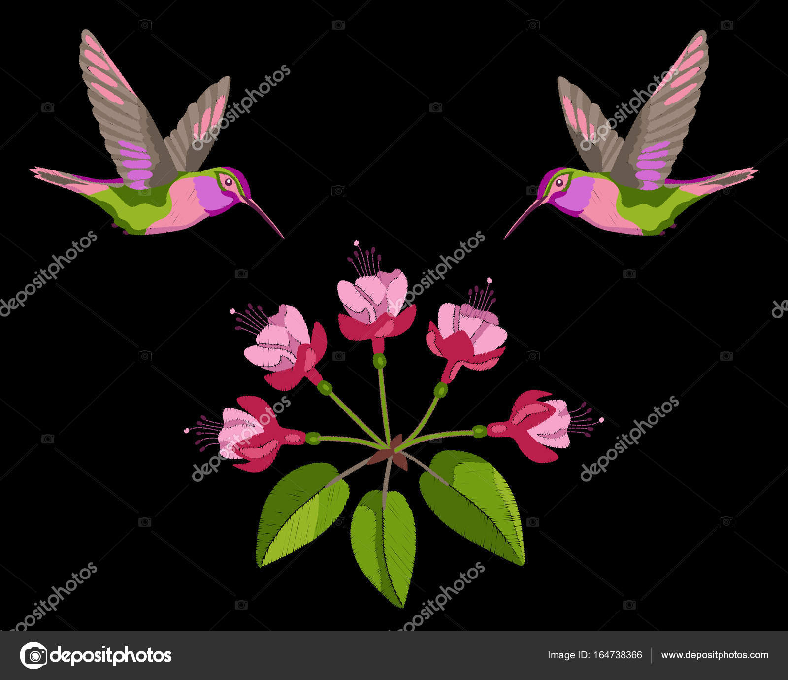 Fuchsia and hummingbirds embroidery Stock Vector by ©KronaLux 164738366