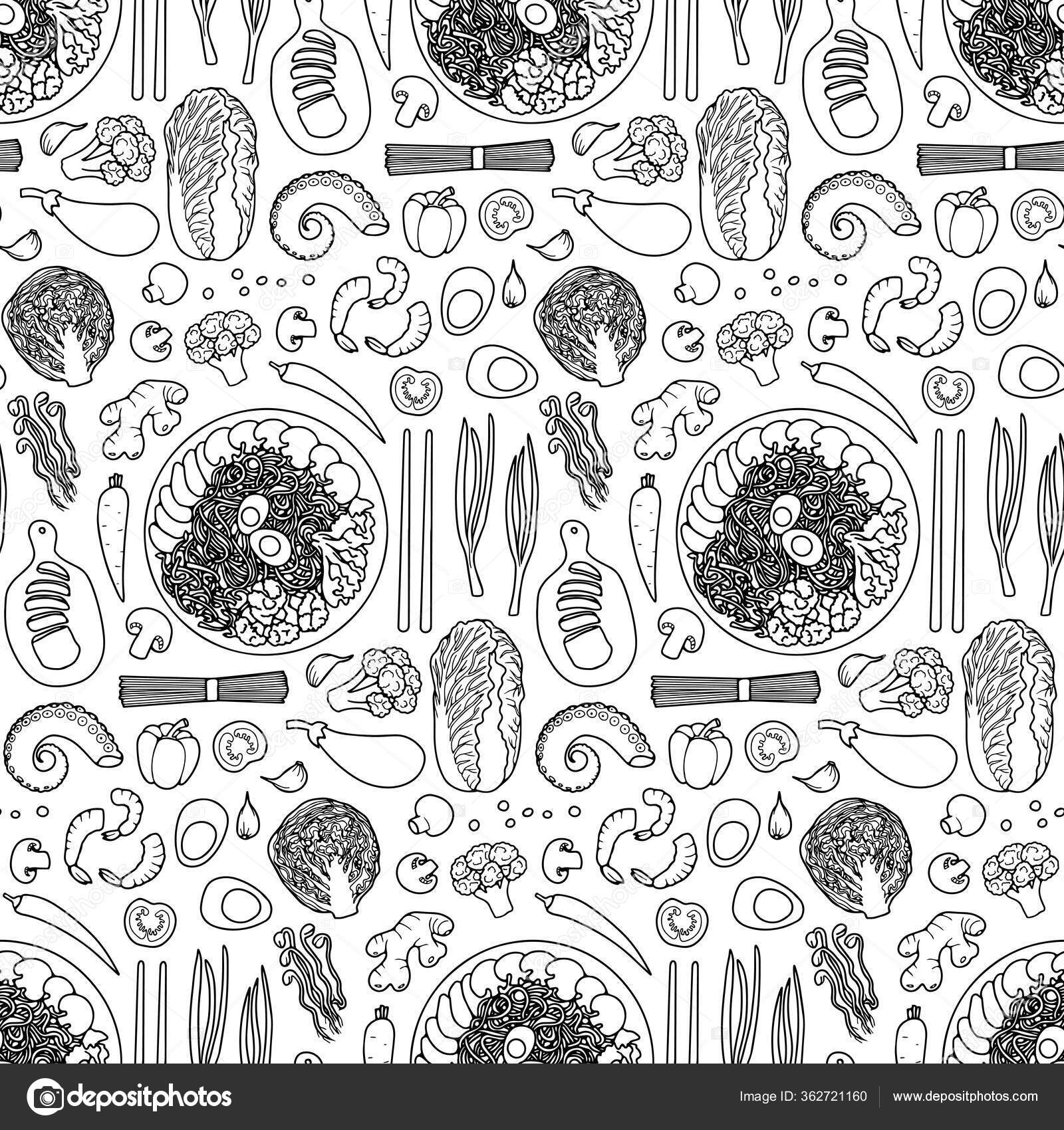 Hand drawn asian ramen vector seamless pattern. Stock Vector Image by ...