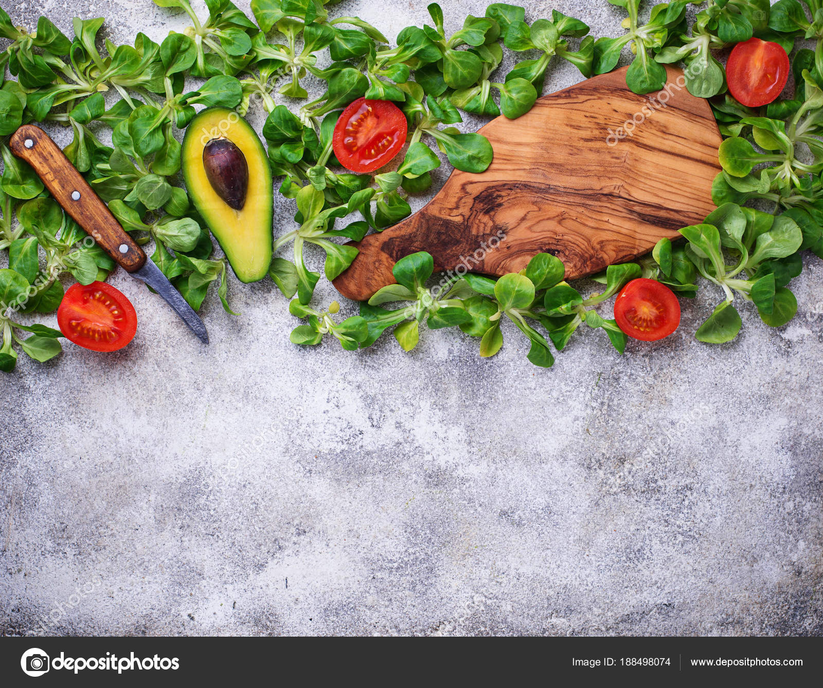 Green food background with corn lettuce, tomato and avocado Stock Photo ...