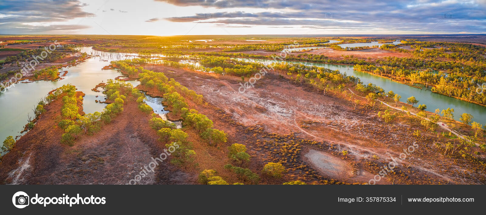 Wide Aerial Panorama Iconic Murray River Flowing Native Trees Sunset ...