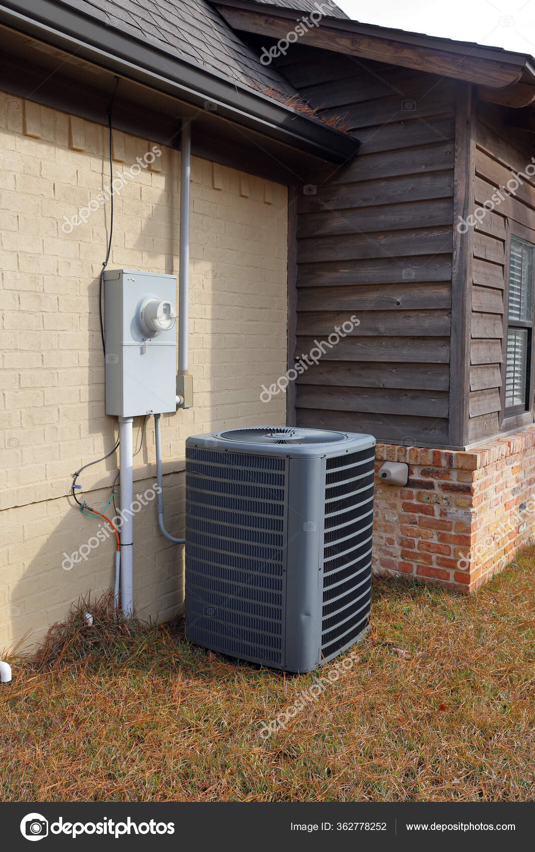 Gray Air Conditioner Condenser Compressor Unit Next Painted Brick House ...