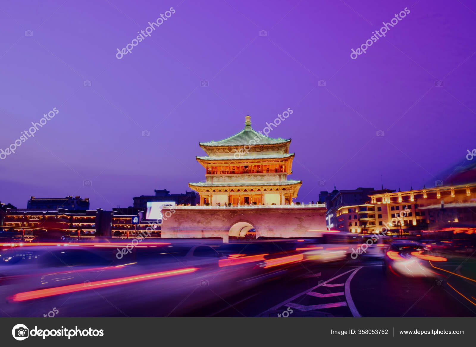Xian Bell Tower Sunset Light Trails Cars Ahead — Stock Photo ...