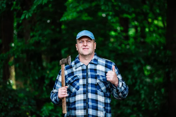 A lumberjack works in the forest. Lumberjack with an ax in the summer ...