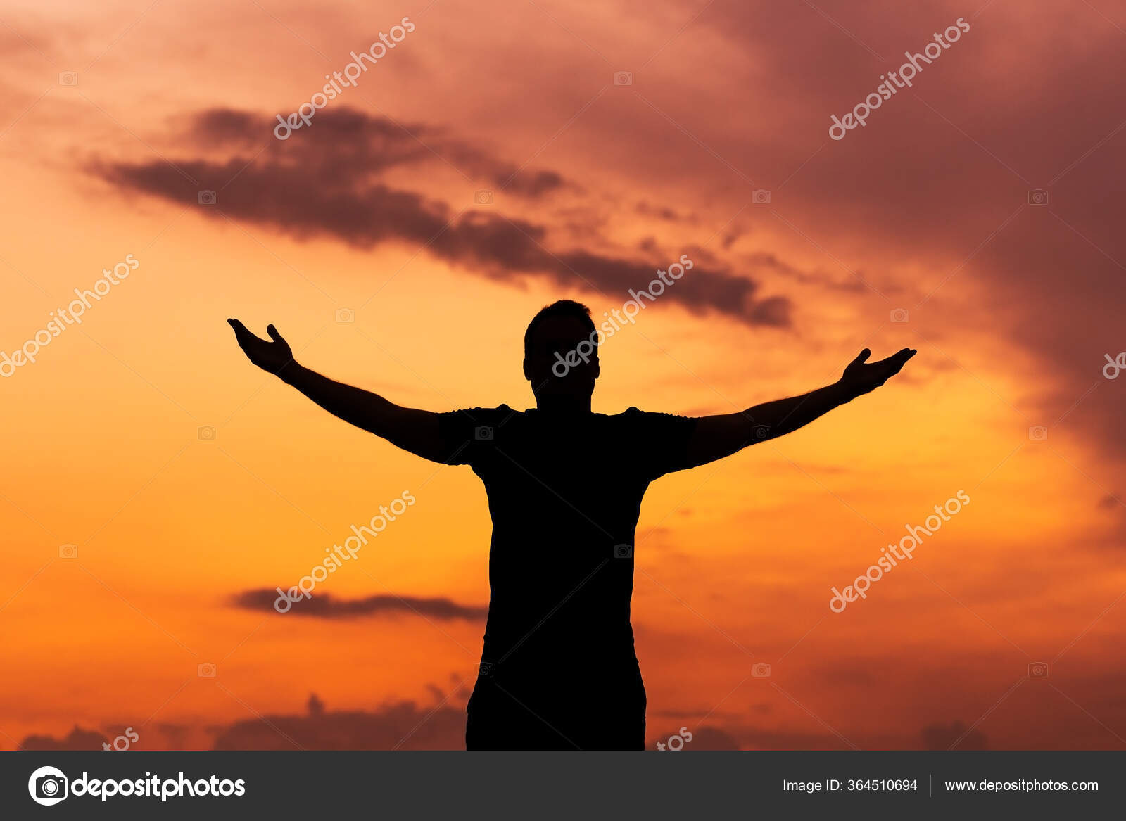 Silhouette Man Hands Raised Sunset Empowered Concept — Stock Photo ...