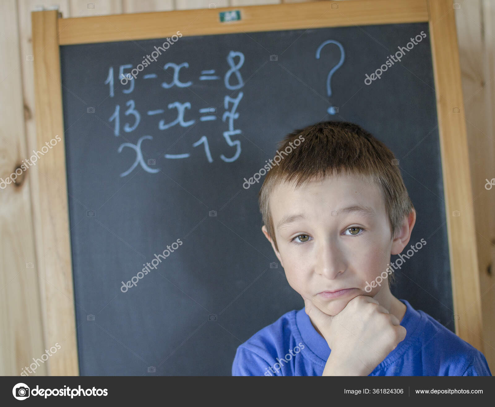 Boy Blue Shirt Blackboard Can't Find Solution Math Problem — Stock ...