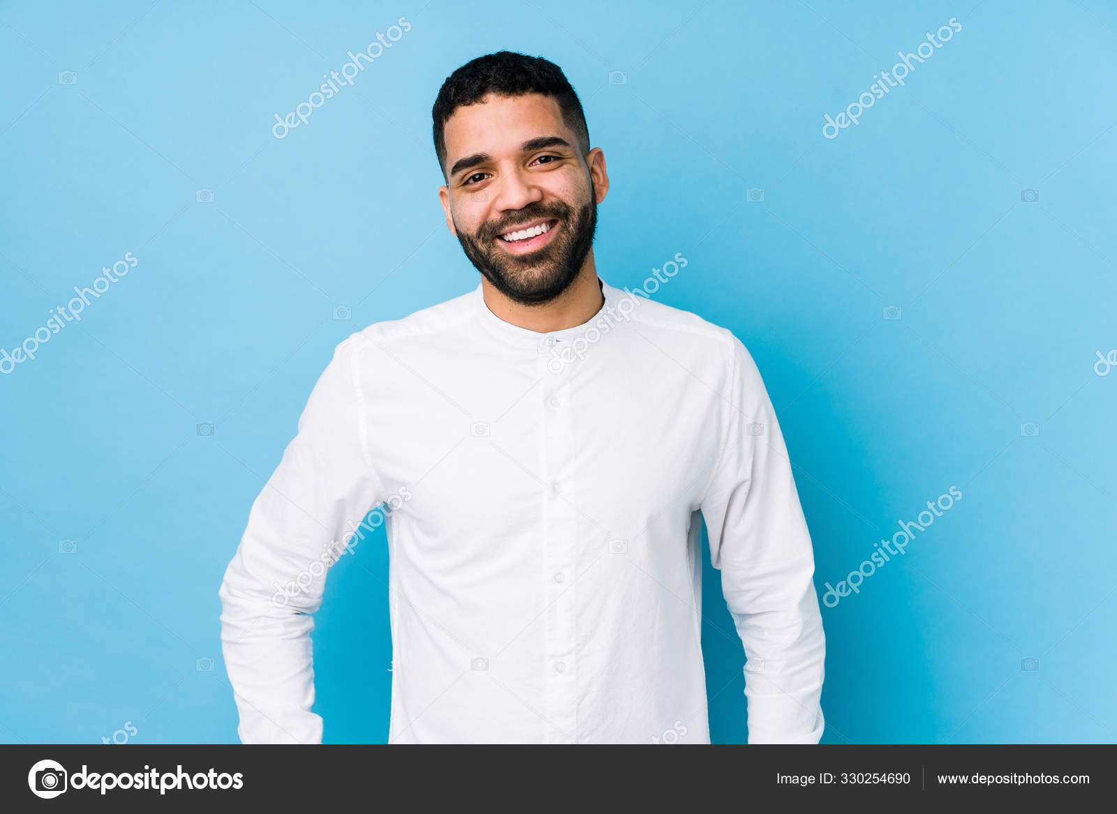 Young Latin Man Blue Background Isolated Happy Smiling Cheerful Stock ...