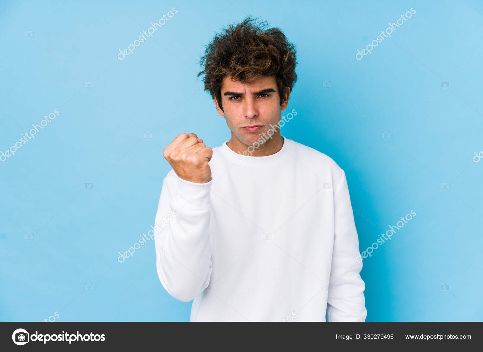 Young Caucasian Man Blue Background Isolated Showing Fist Camera ...