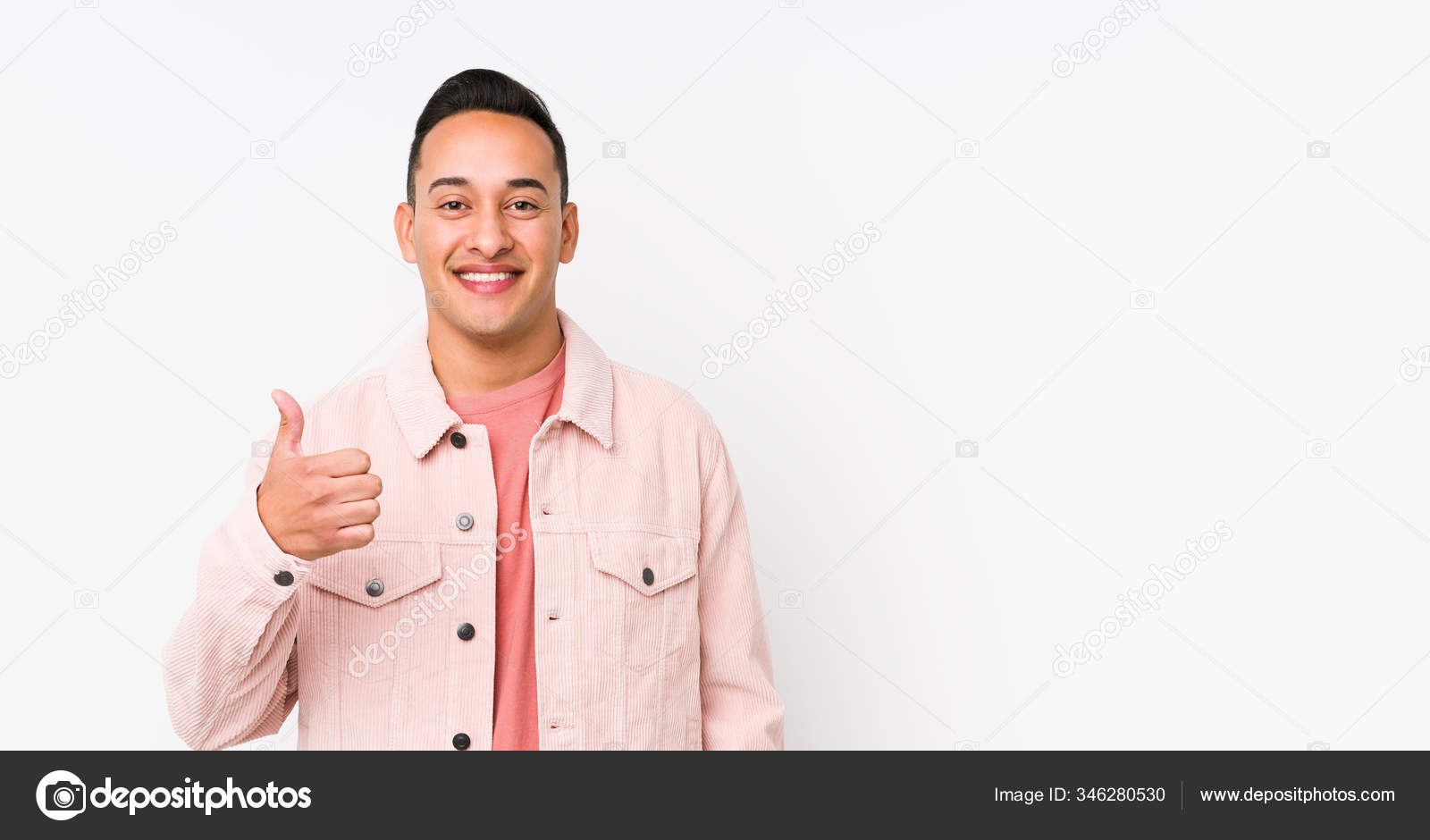 Young Latin Man Posing Isolated Smiling Raising Thumb — Stock Photo ...