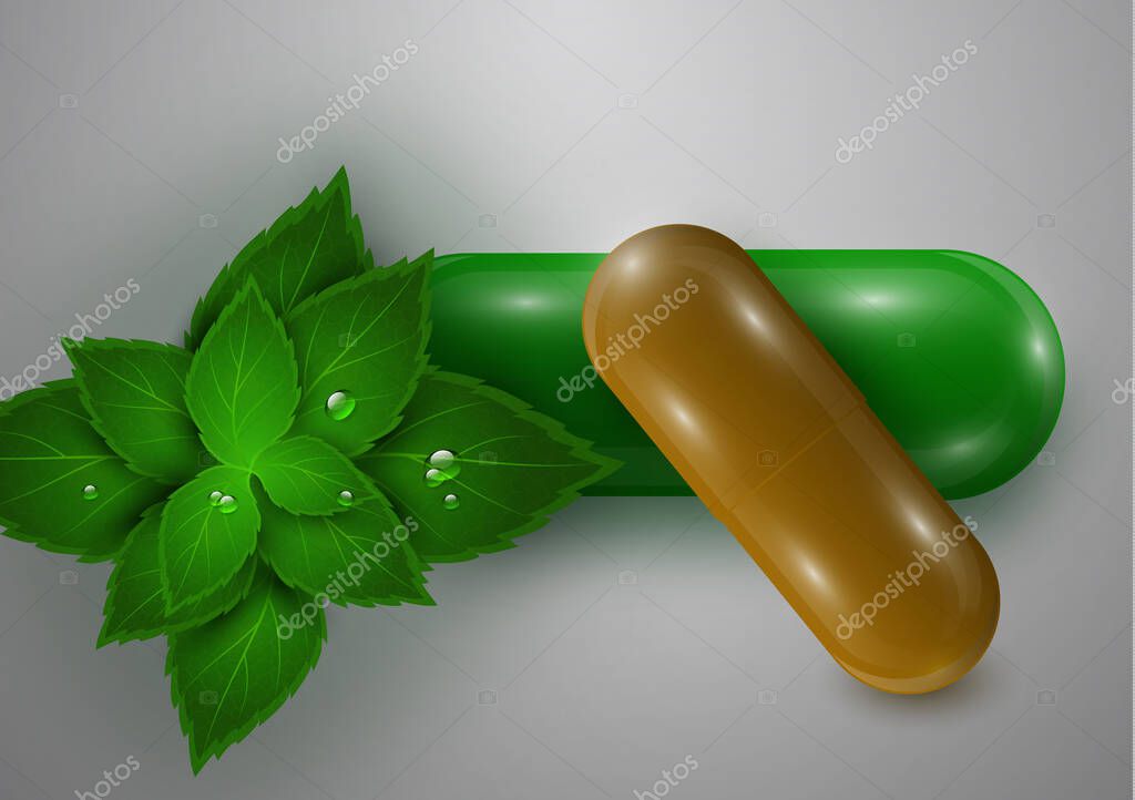 El fondo con las pastillas brillantes, las cápsulas, las hojas ...