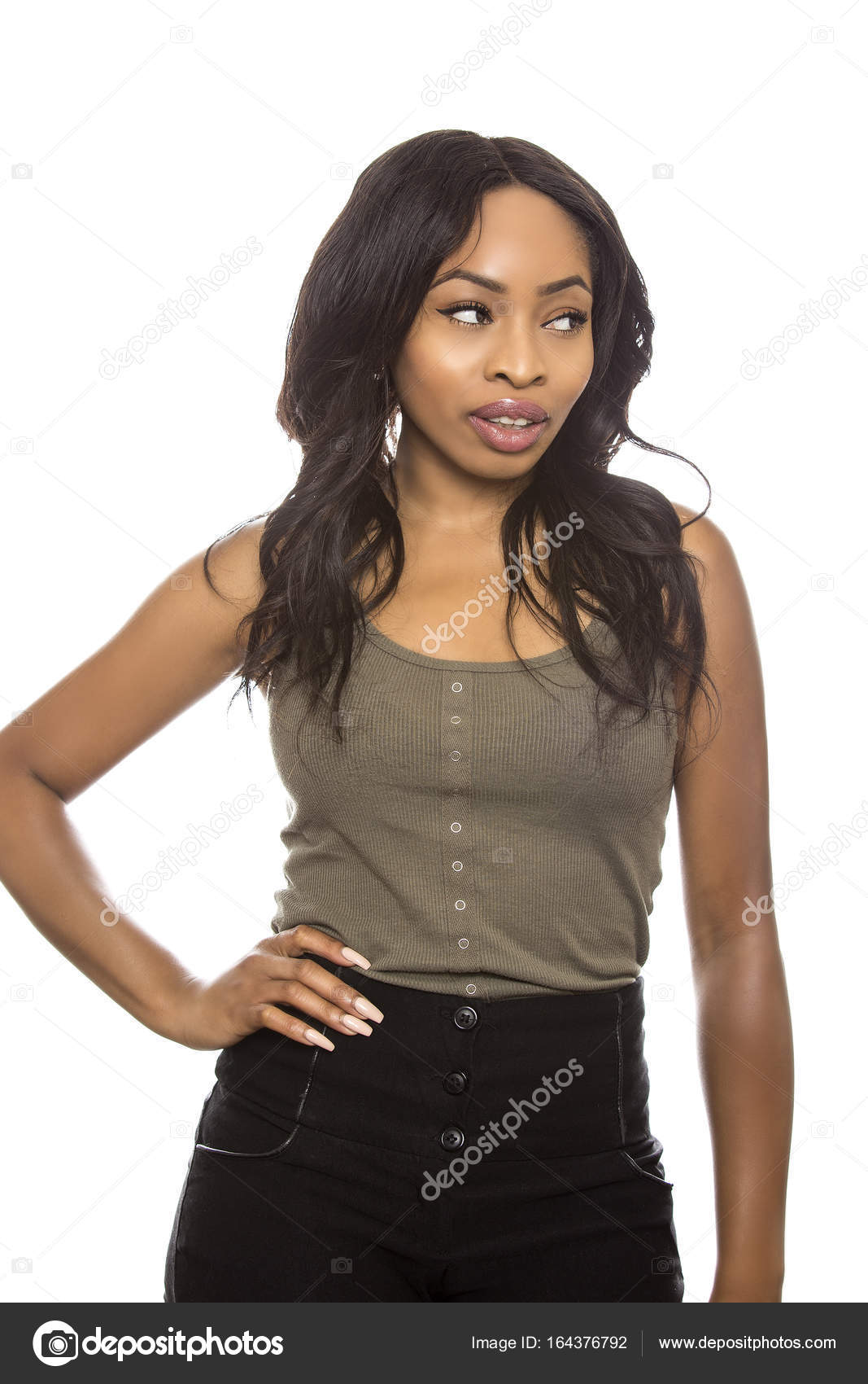 Black Female on a White Background with Arrogant Gestures and ...