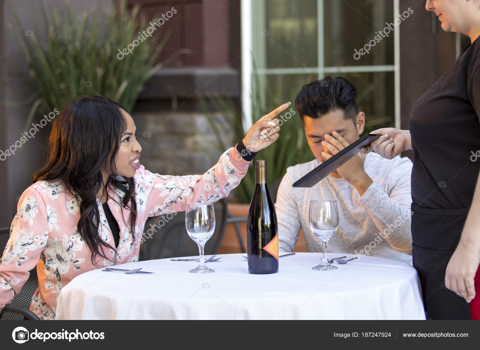 Couple Date Angry Waitress Outdoor Restaurant Upset Dissatisfied ...