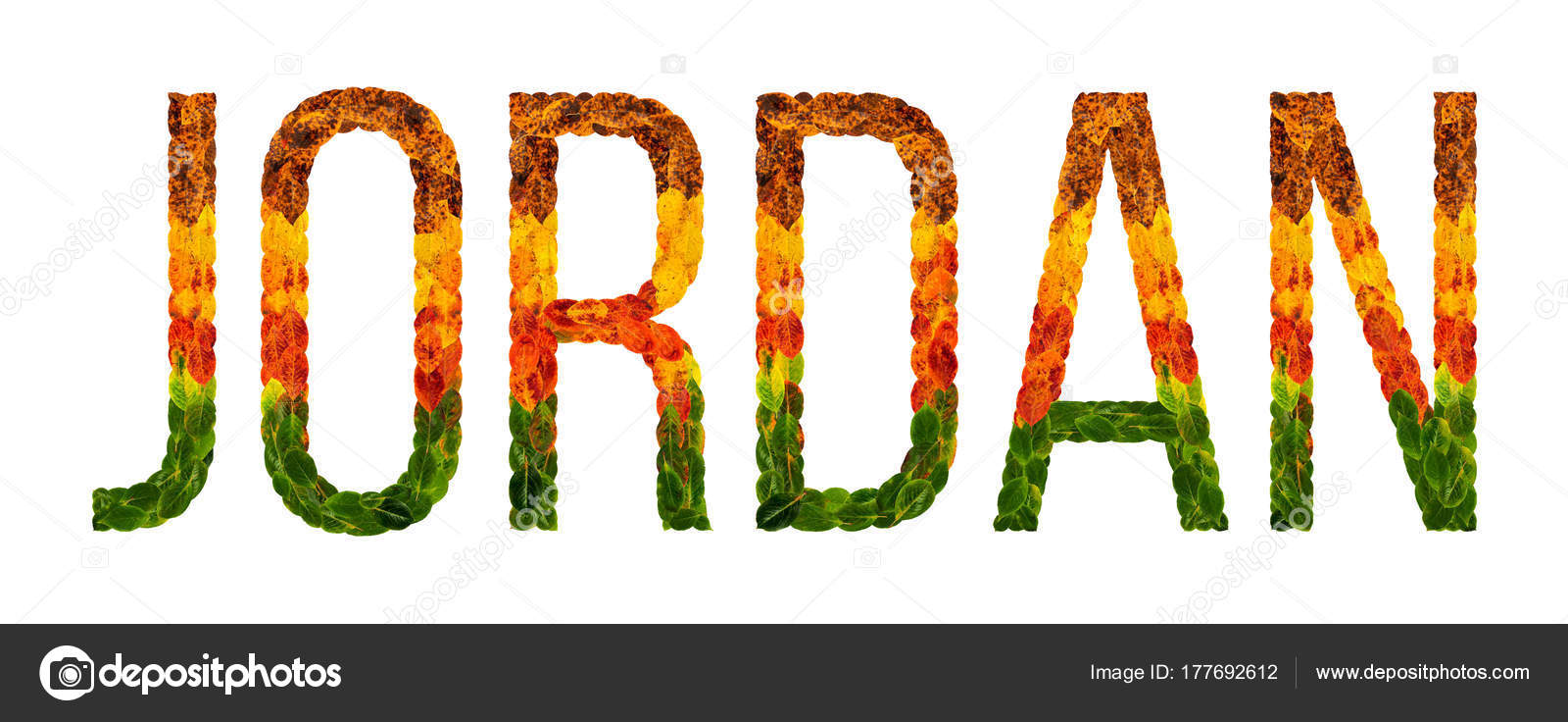 Word jordan country is written with leaves on a white insulated ...