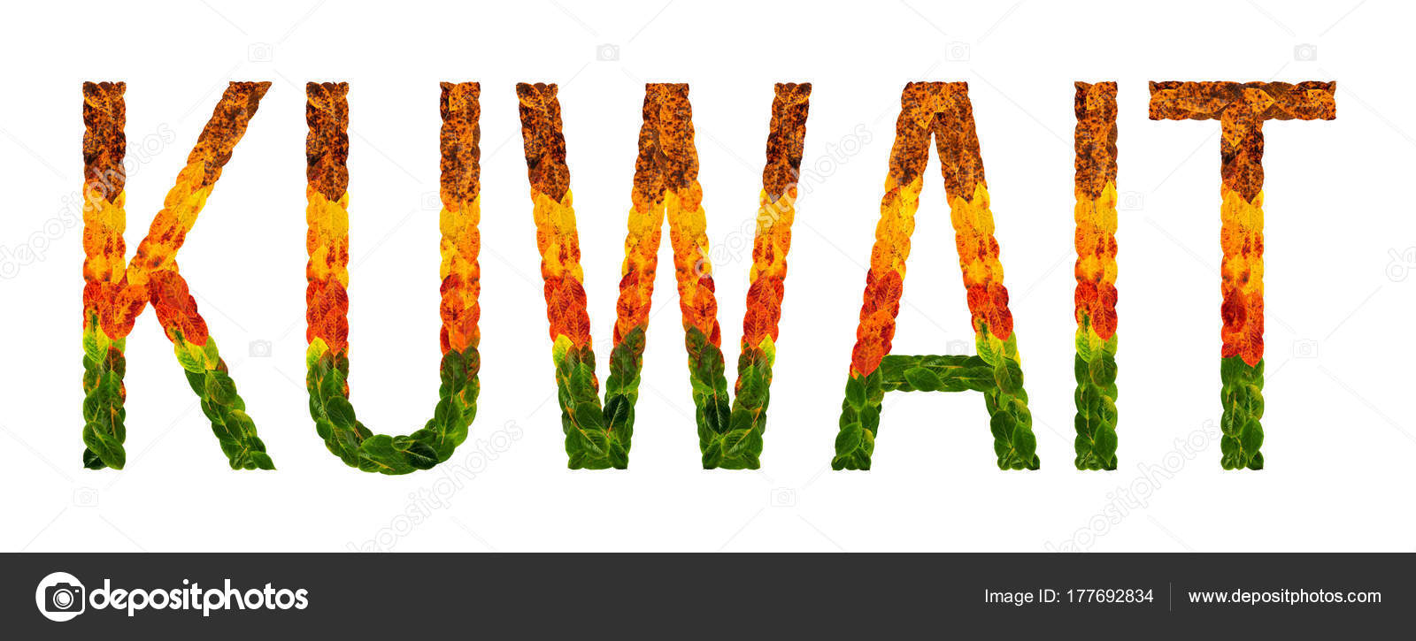 Word kuwait country is written with leaves on a white insulated ...