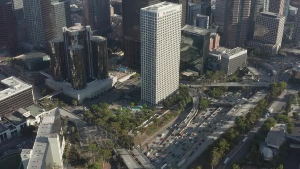 AERIAL: Birds eye view of Downtown Los Angeles, California intersection ...