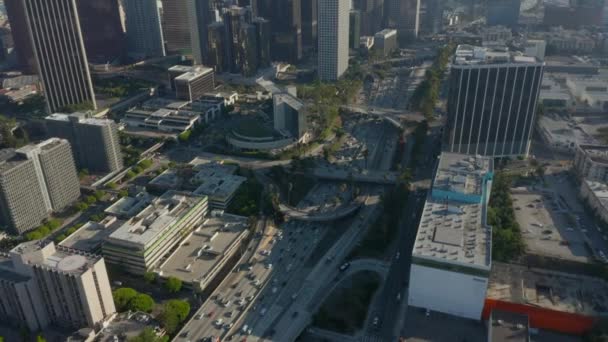 AERIAL: Downtown Los Angeles, California intersection traffic with palm ...