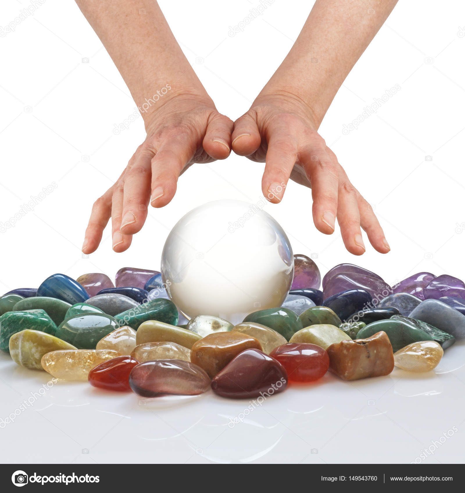 Crystal ball, healing crystals and psychic hands Stock Photo by ...