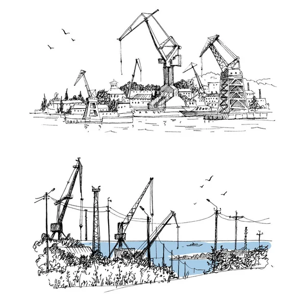 Cargo Ship Shipyard Sketch Hand Drawn Landscapes Views Sea Ships Stock ...