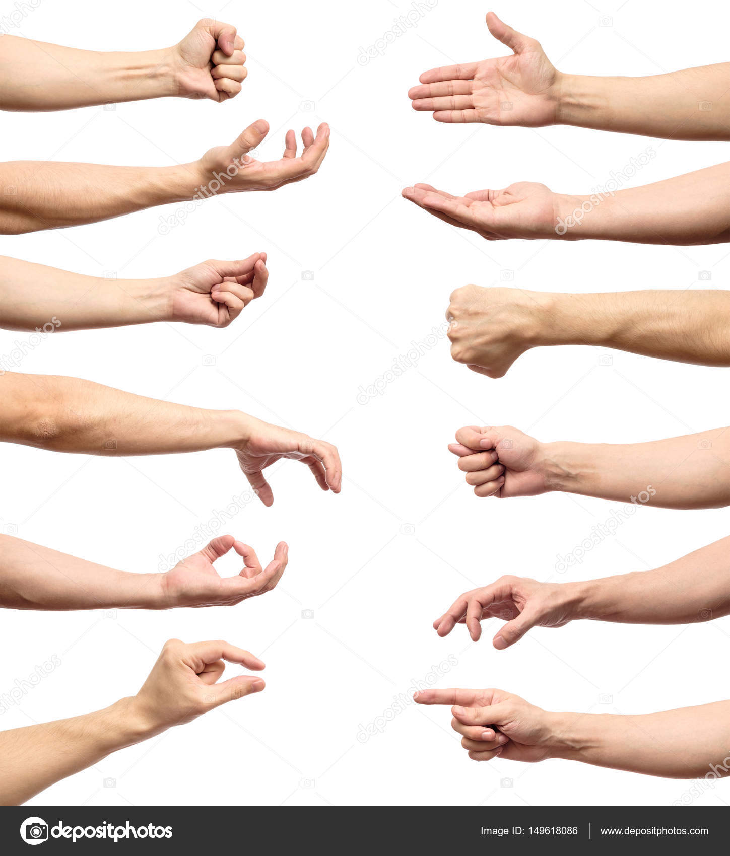 Multiple male caucasian hand gestures isolated over the white ba ...