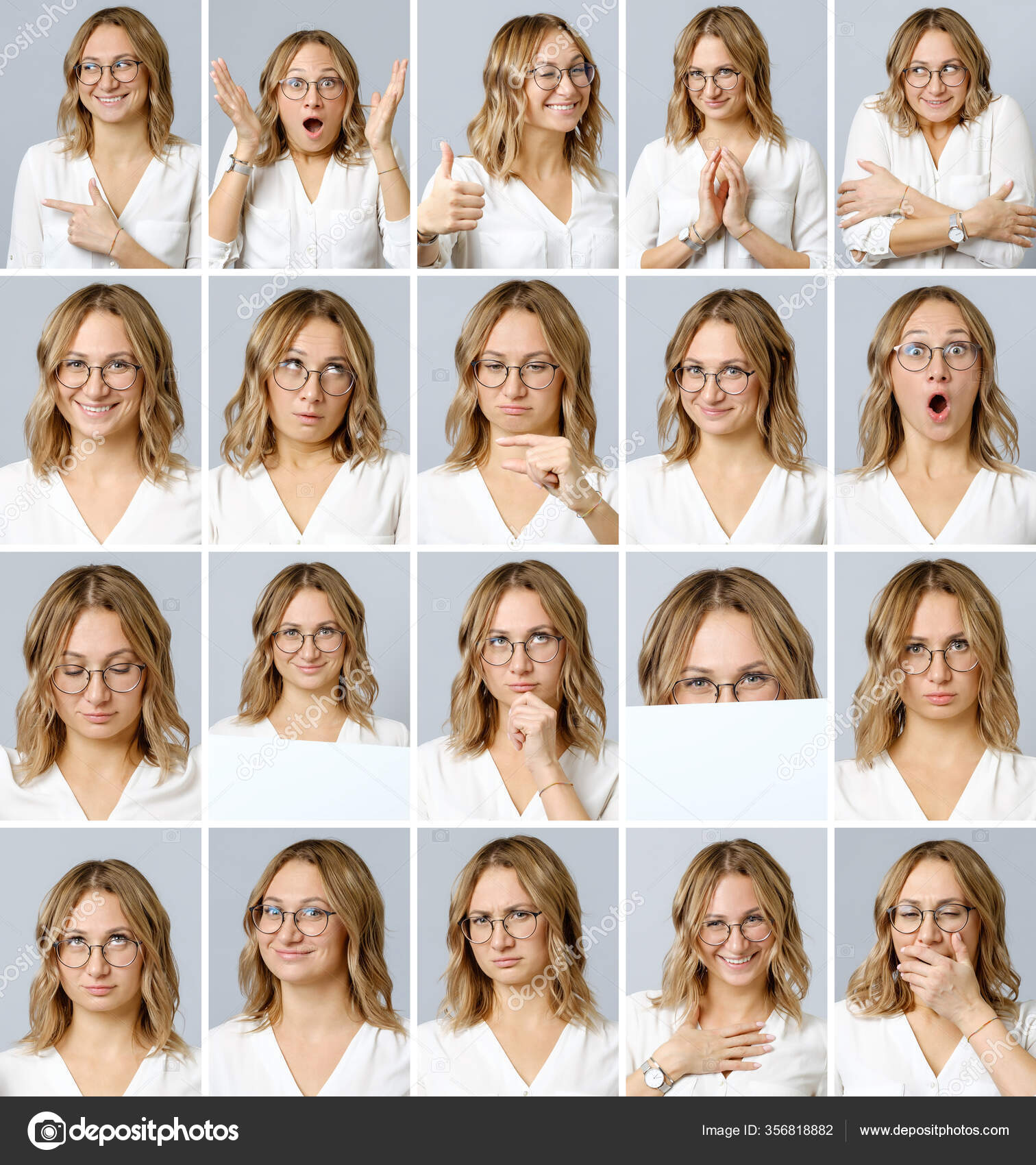 Collage Beautiful Woman Different Facial Expressions Gestures Isolated Gray Background — Stock ...