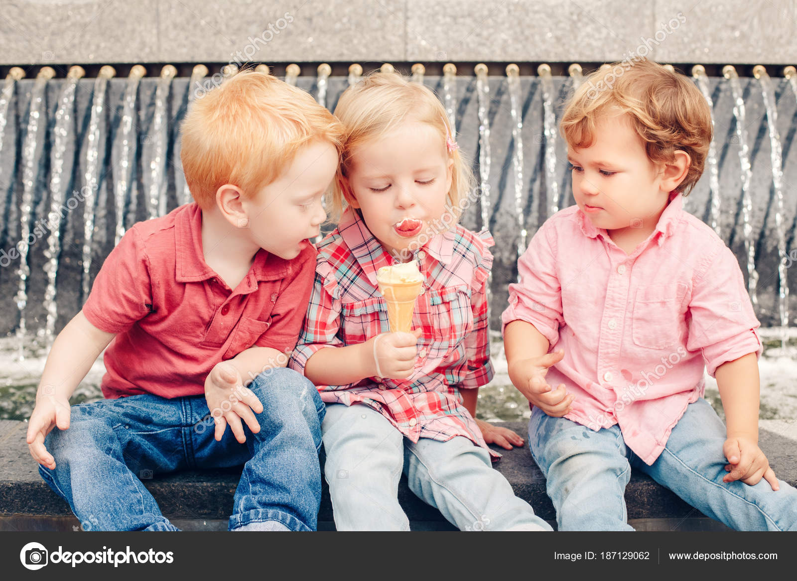 Group Portrait Three White Caucasian Cute Adorable Funny Children ...