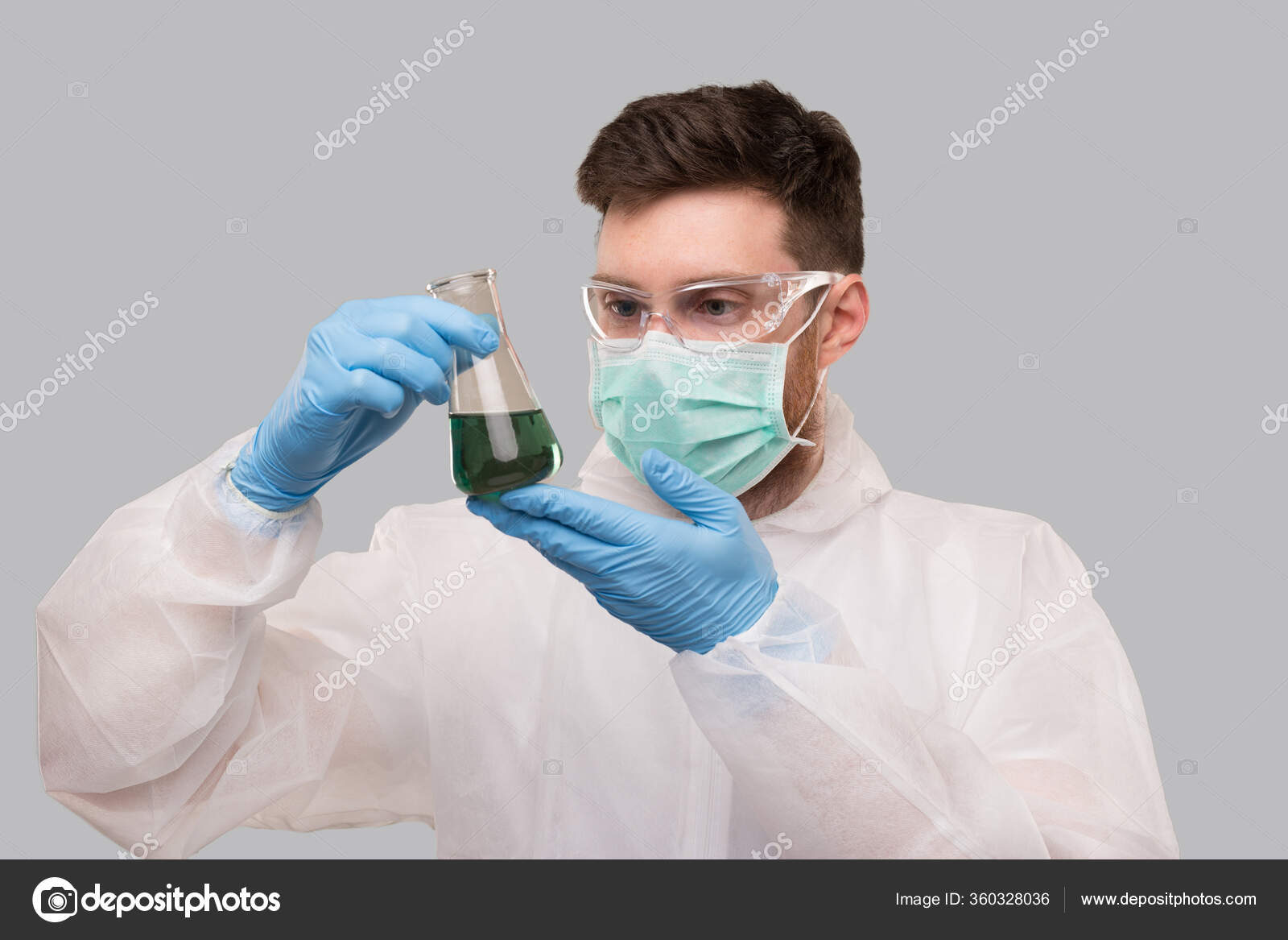 Male Laboratory Worker Chemical Suit Wearing Medical Mask Glasses ...