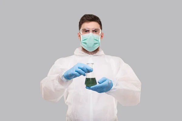 Male Laboratory Worker Chemical Suit Wearing Medical Mask Glasses ...