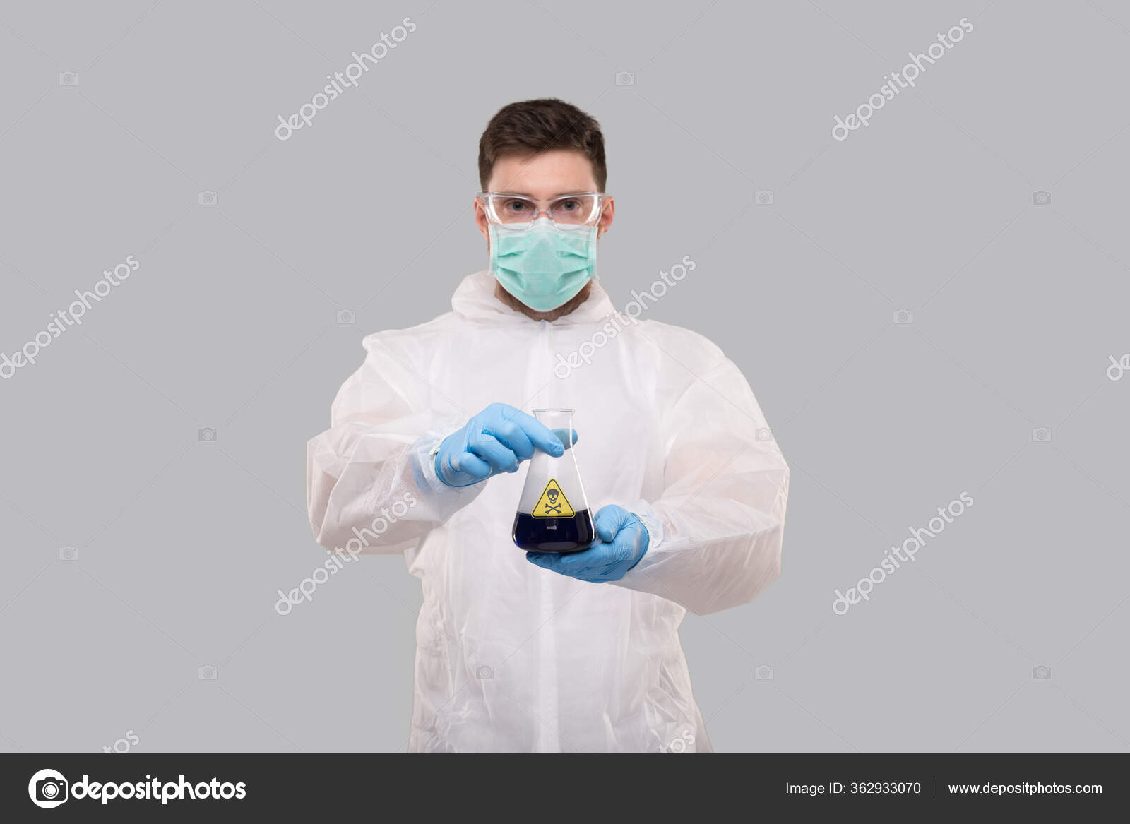 Male Laboratory Worker Chemical Suit Wearing Medical Mask Glasses ...