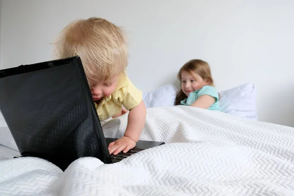 Brother Sister Fighting Games Laptop Using Computer Children Stock ...