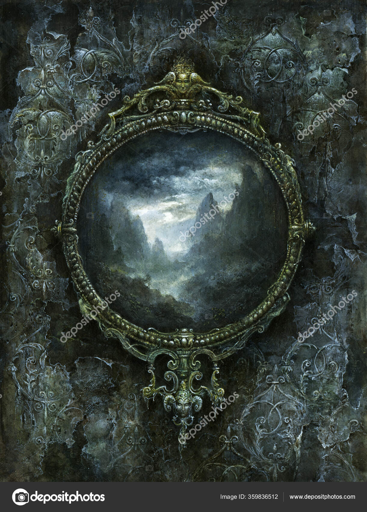 Baroque Frame Mirror Mountain Landscape Acrylic Paper Stock Photo by ...