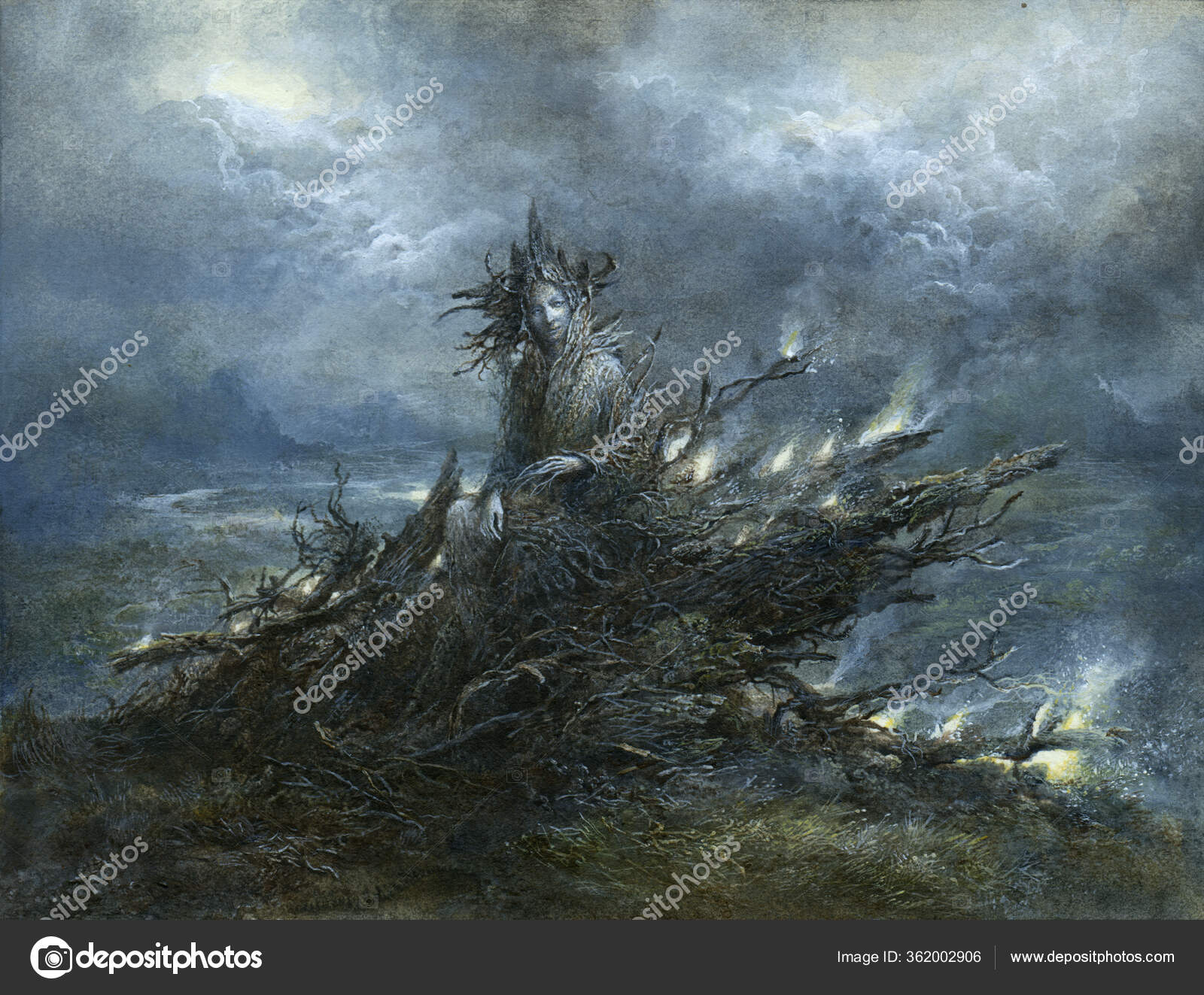 Dryad Human Creature Sitting Falling Burning Tree Acrylic Paper Stock ...