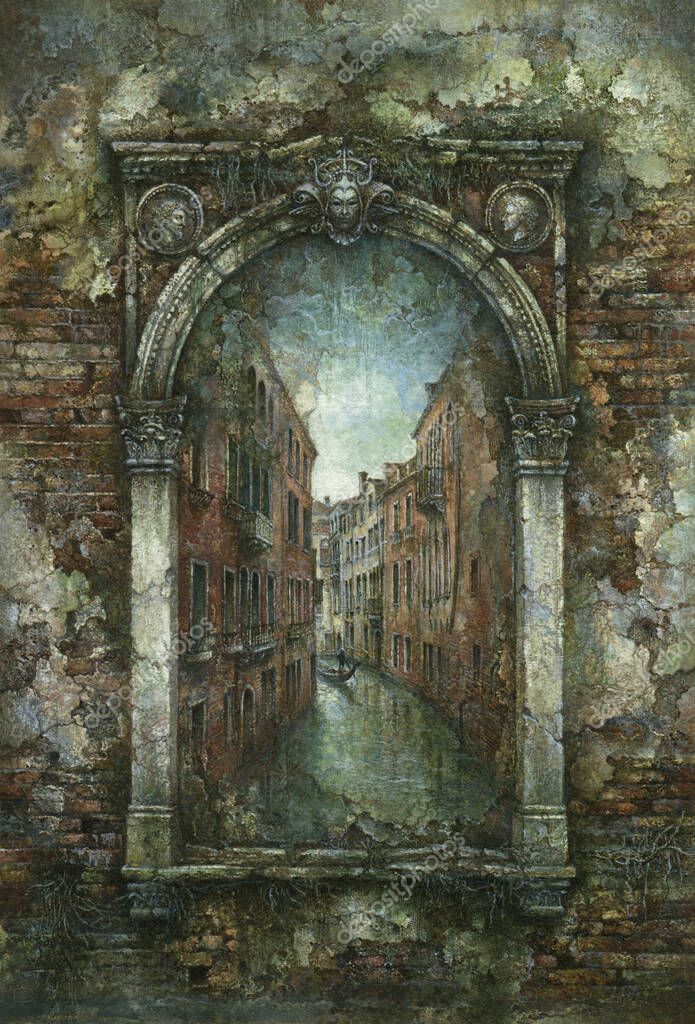 Marco renacentista da ado con un paisaje urbano veneciano en el interior, acr lico sobre papel. 2024