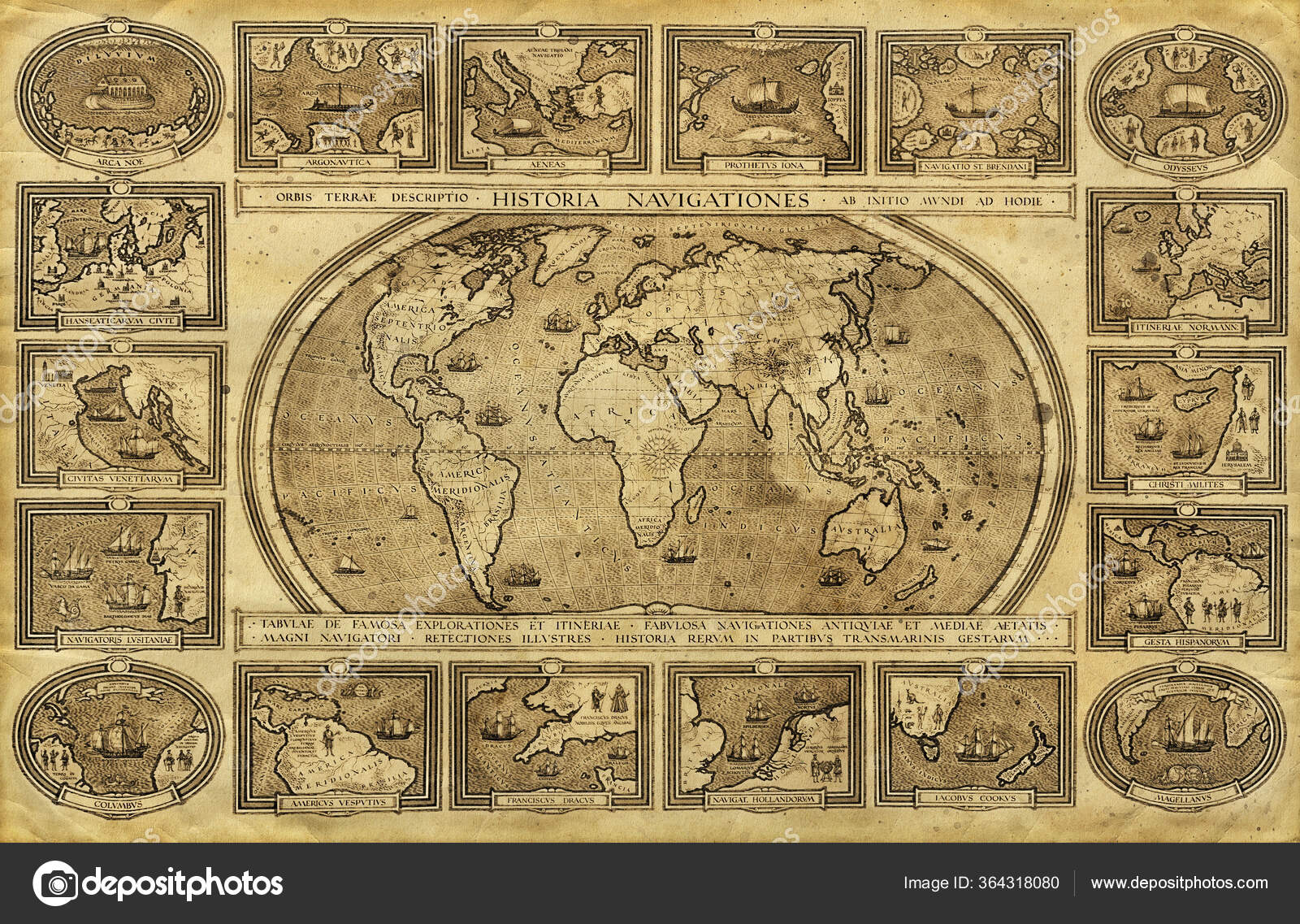 Old Fashioned Detailed World Map Which Including Marine Motifs Famous ...