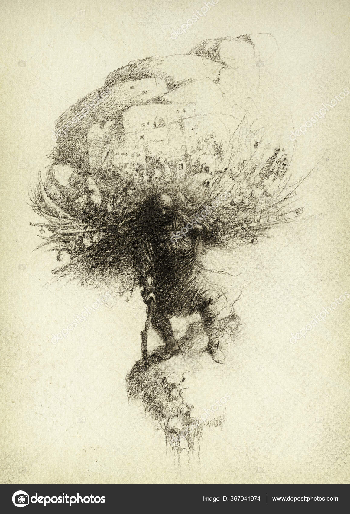 Handmade Pencil Drawing Man Carrying Heavy Weird Load Stock ...