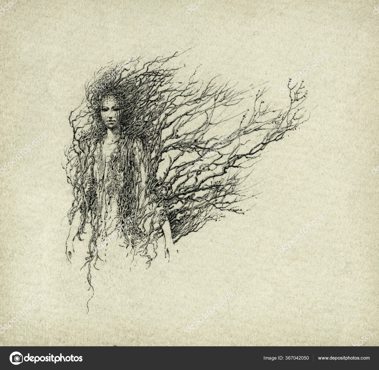 Artistic Ink Drawing Dryad Woman Stock Illustration by ...