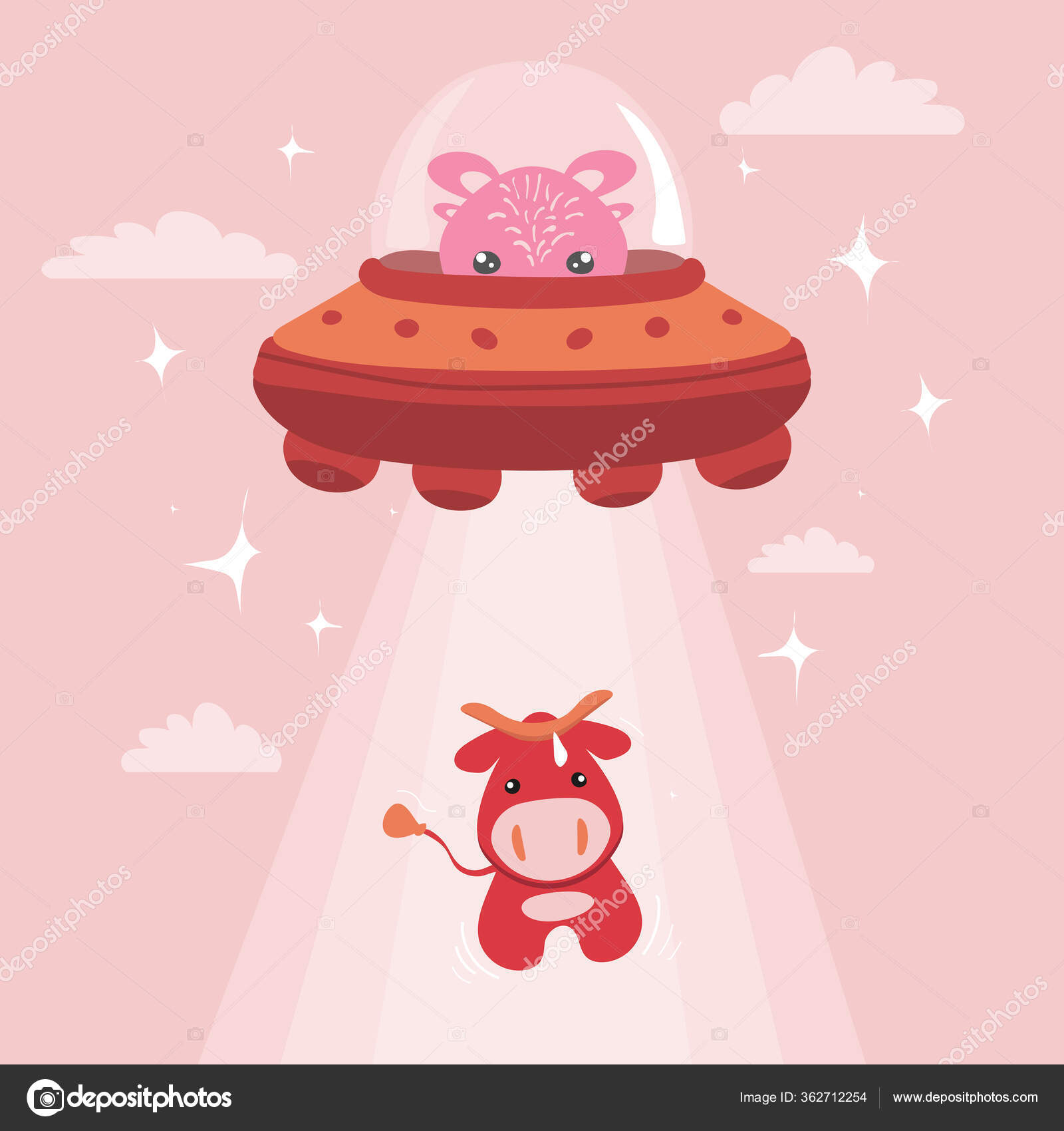 Vector Funny Cute Cartoon Illustration Ufo Aliens Cute Abduction Red ...