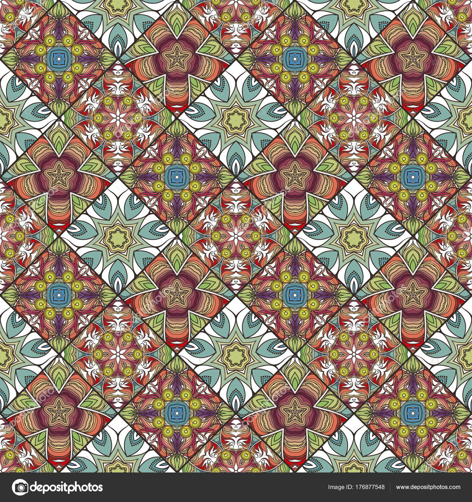 Patch Boho Flower Seamless Pattern. Mandala patchwork, oriental design ...