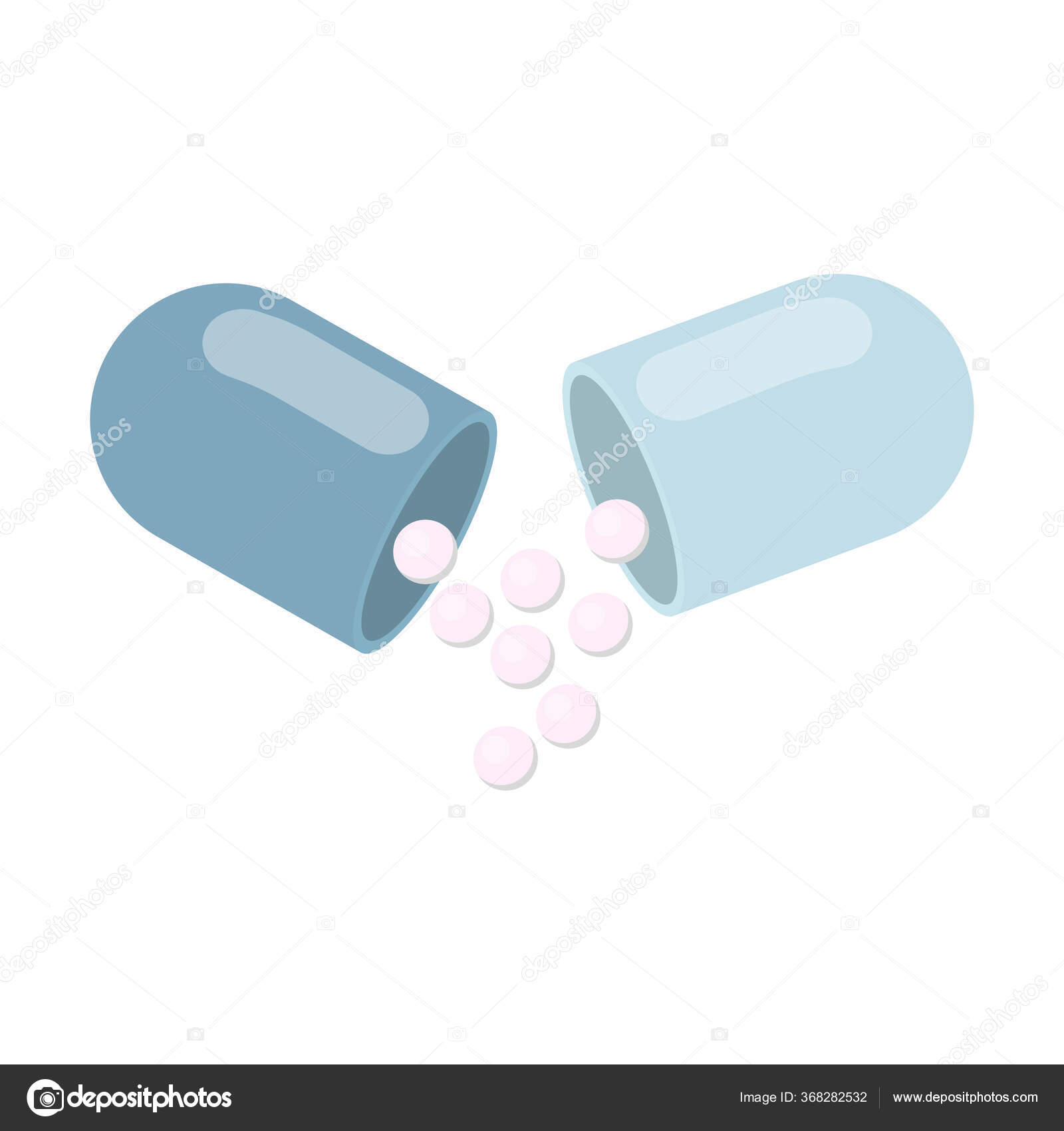 Blue open capsule poured granules on an isolated white background ...