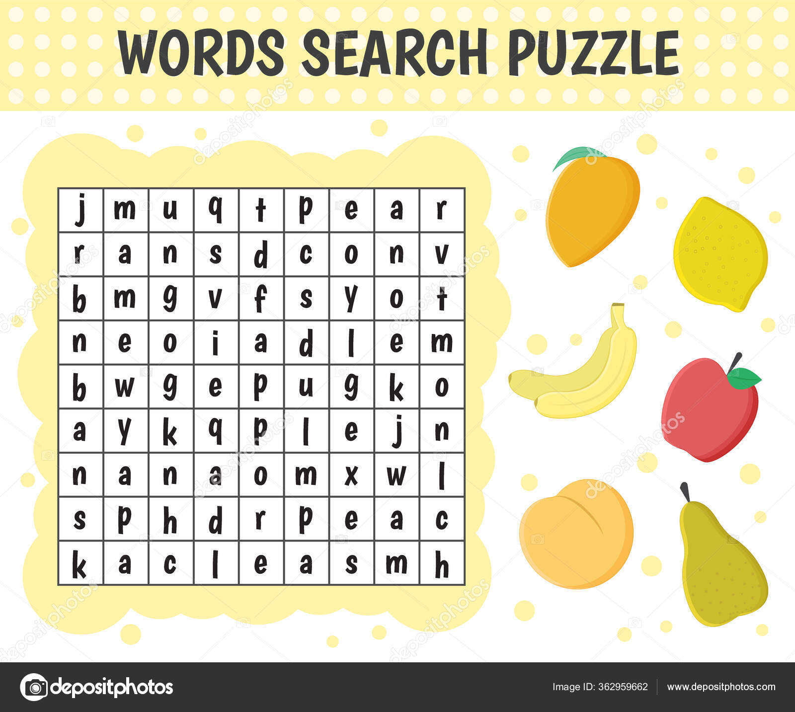 Word Search Puzzle Fruit Apple Banana Pear Peach Mango Lemon Stock ...