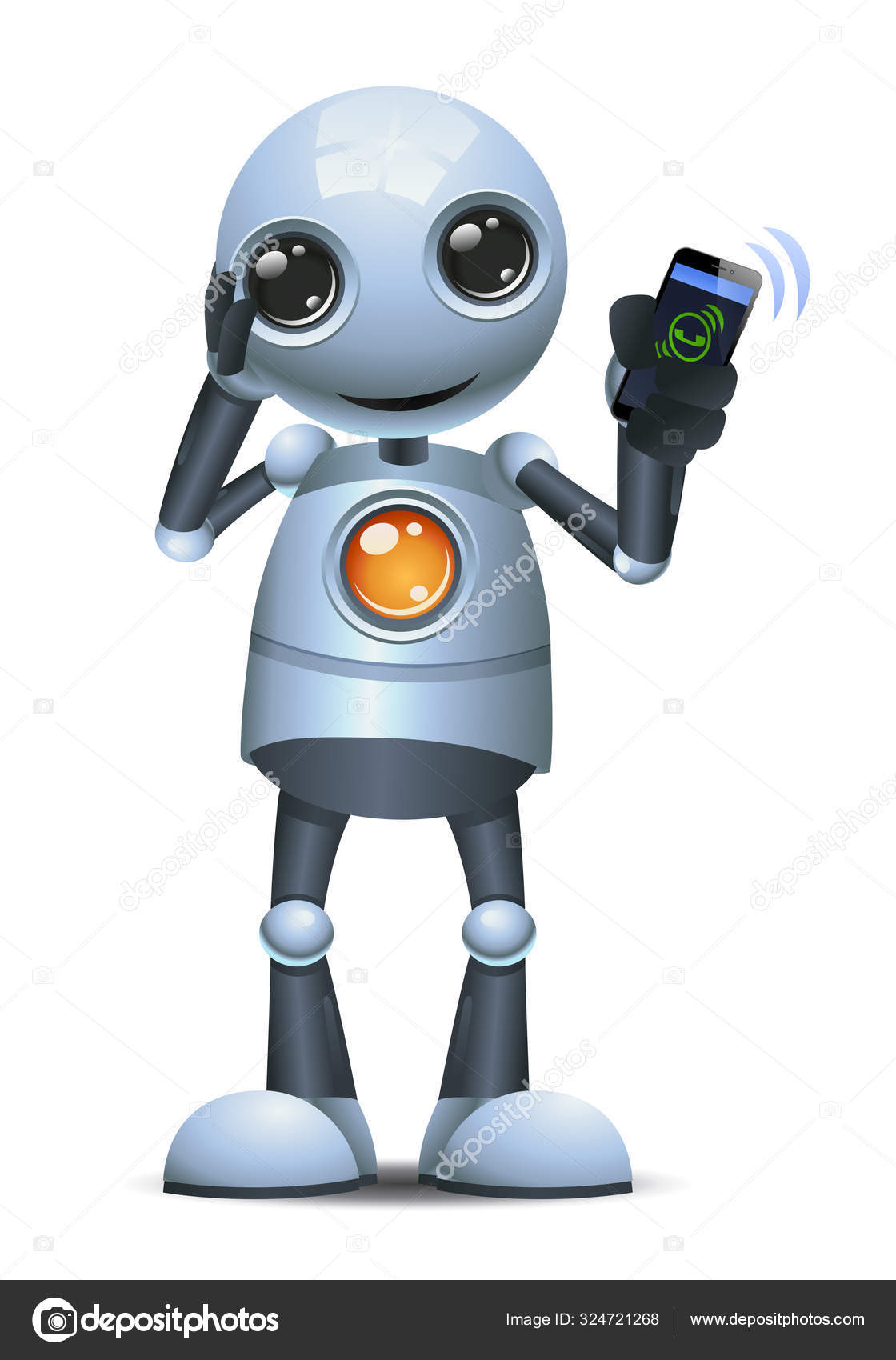 3d illustration of little robot hold handphone communication confuse to ...