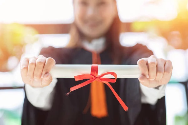 Back View Graduate Put Hands Celebrating Certificate Her Hand Proud ...
