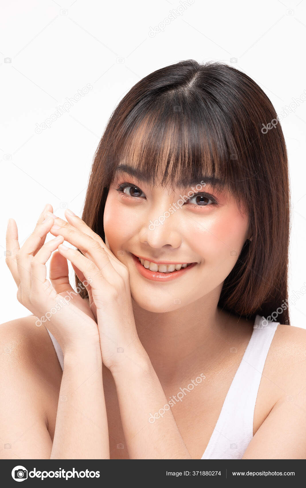 Young Beautiful Asian Woman Smile Holding Hands Clean Fresh Skin