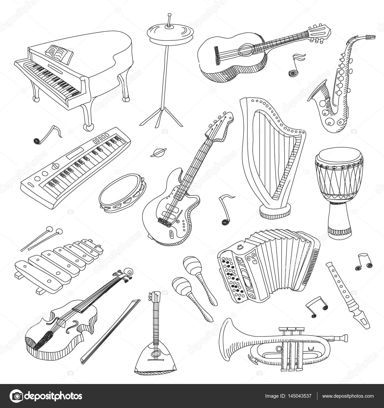 Set of Music Instruments - sketch hand drawn illustration Stock Photo ...