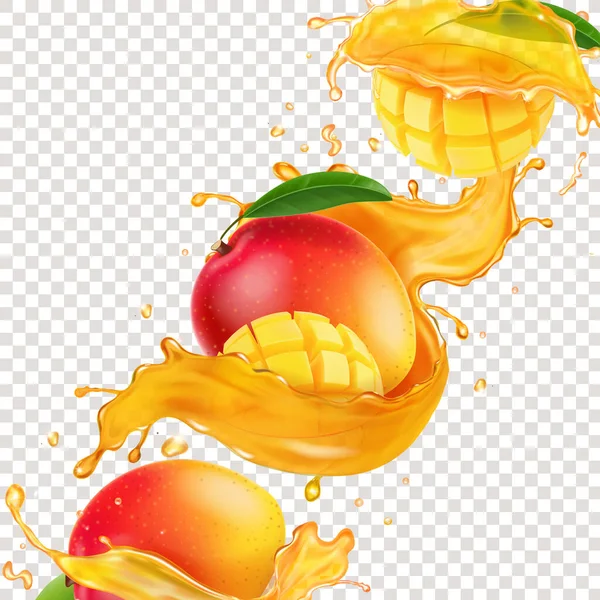 Whole Pieces Mango Fruit Leaf Splash Juice Drops Realistic Isolated ...