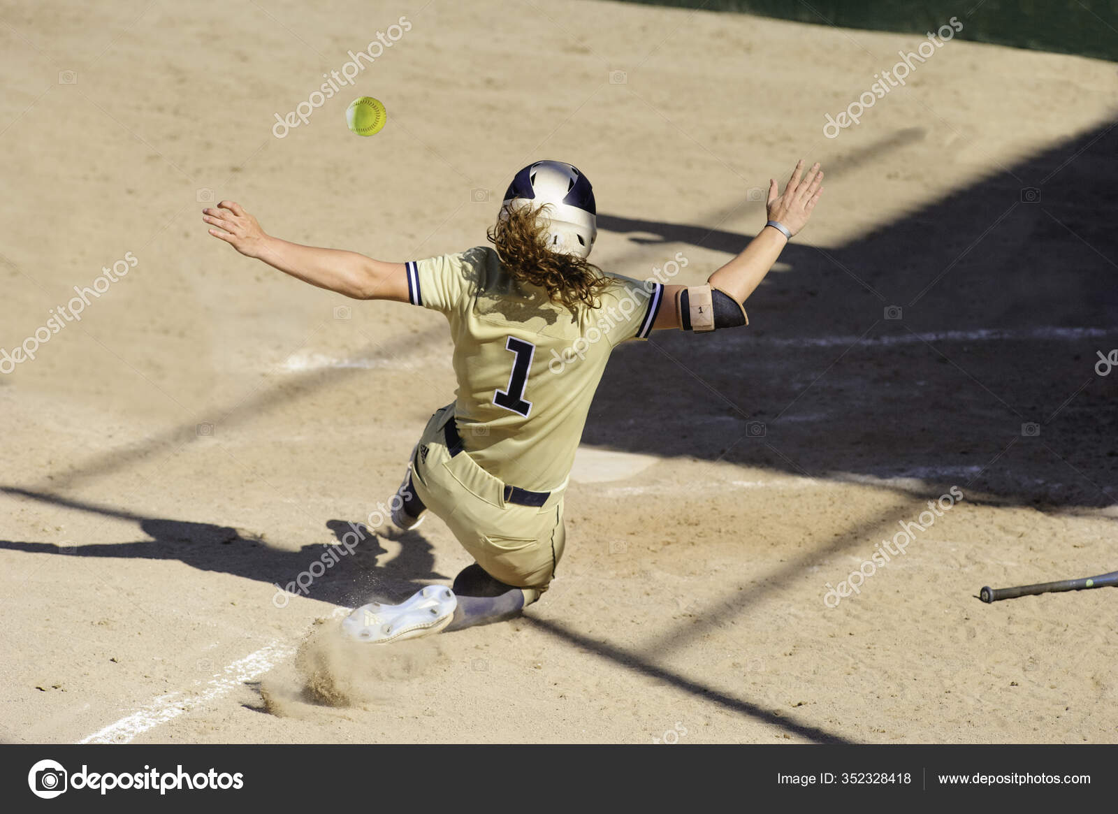 Baseball Player Sliding Home Base While Ball Flying Air — Stock Photo ...