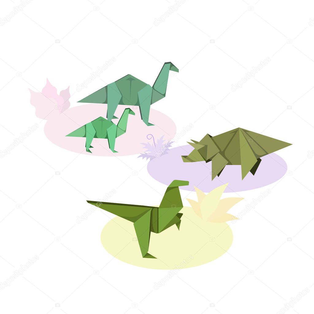 Hay muchos dinosaurios en origami sobre fondo blanco aislado hechos ...