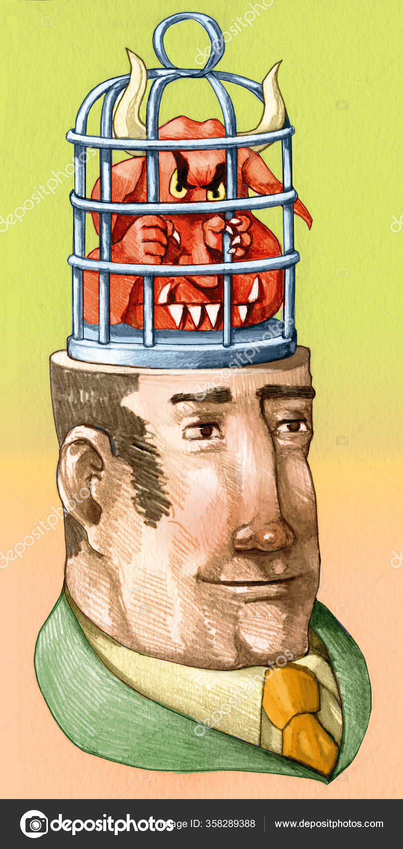 Man Mild Expression Actually Has His Mind Angry Monster Allegory Stock ...