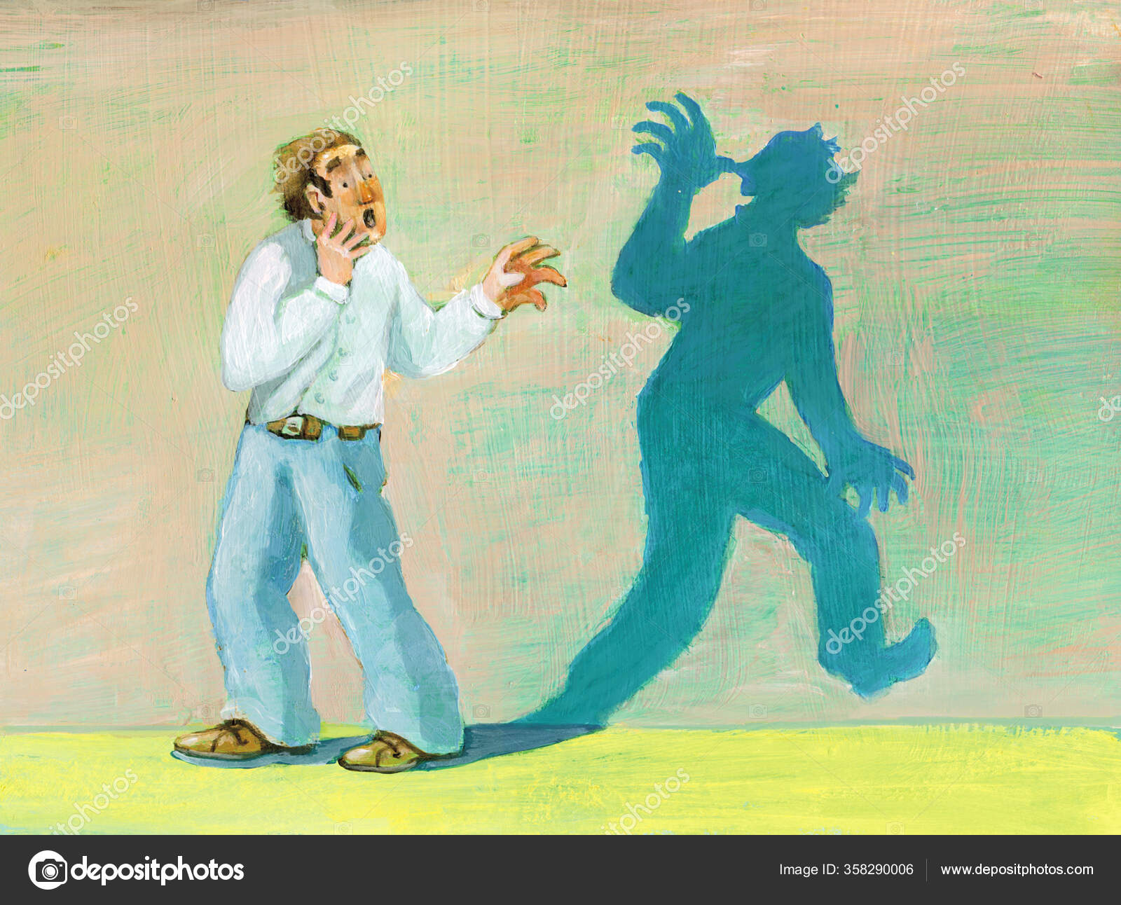 Man Surprised Expression Looks His Shadow Wall Runs Away Shadow — Stock ...