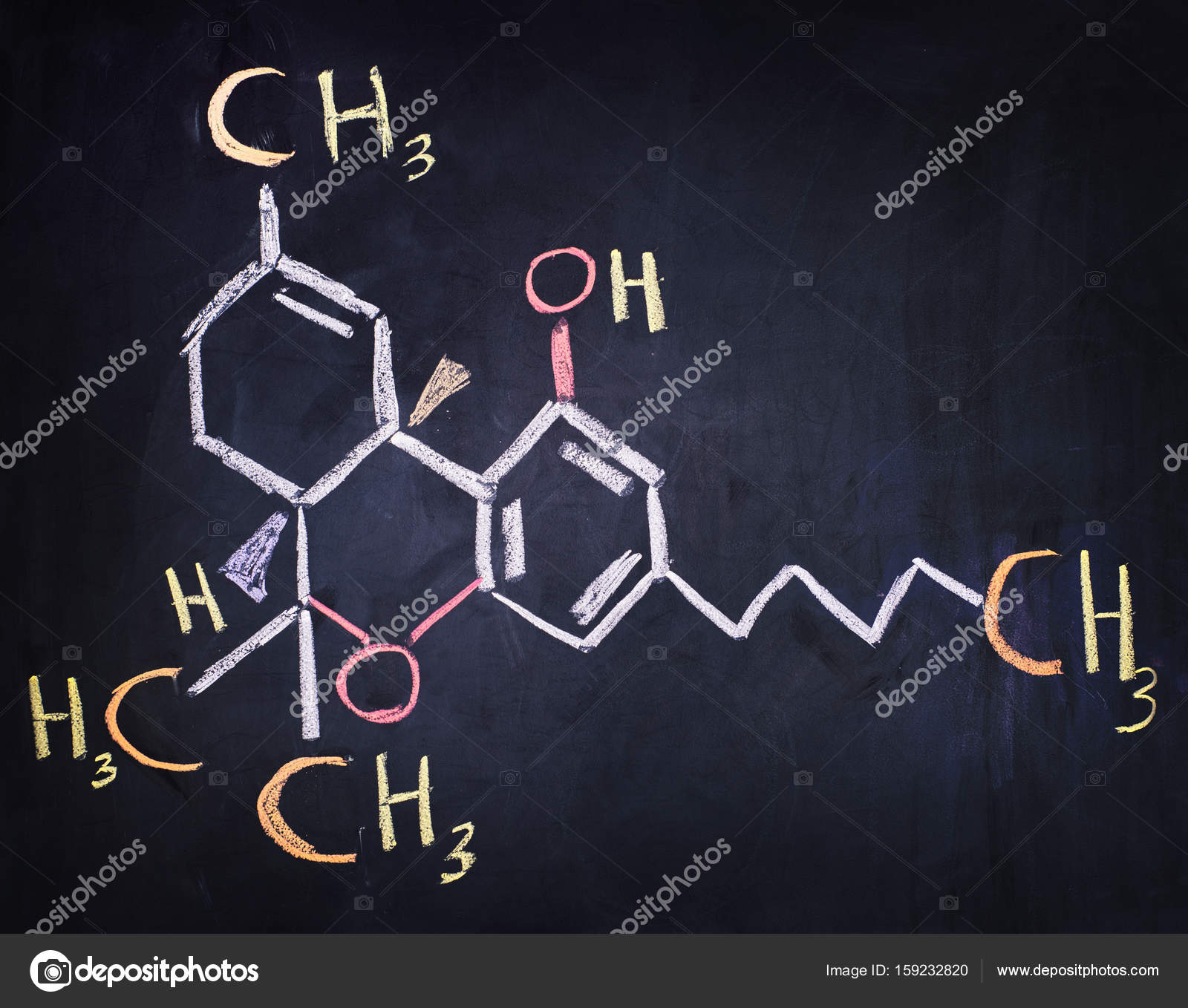 Tetrahydro-cannabinol (THC) formula written on a black board Stock ...