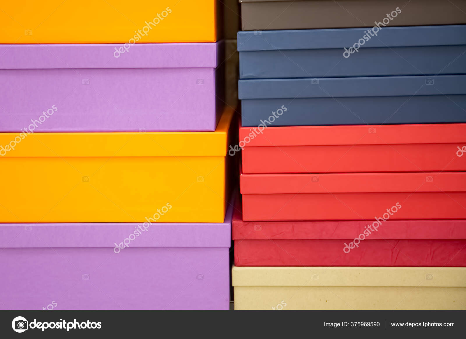 Texture set of multicolored packaging gift boxes. close-up, soft focus ...